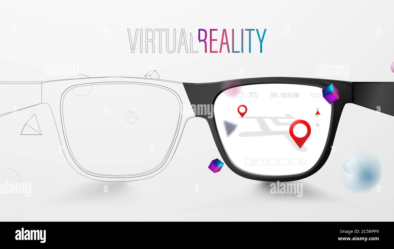 Smart Glasses with Map and Red Pinpoint on Screen. VR virtual reality ...