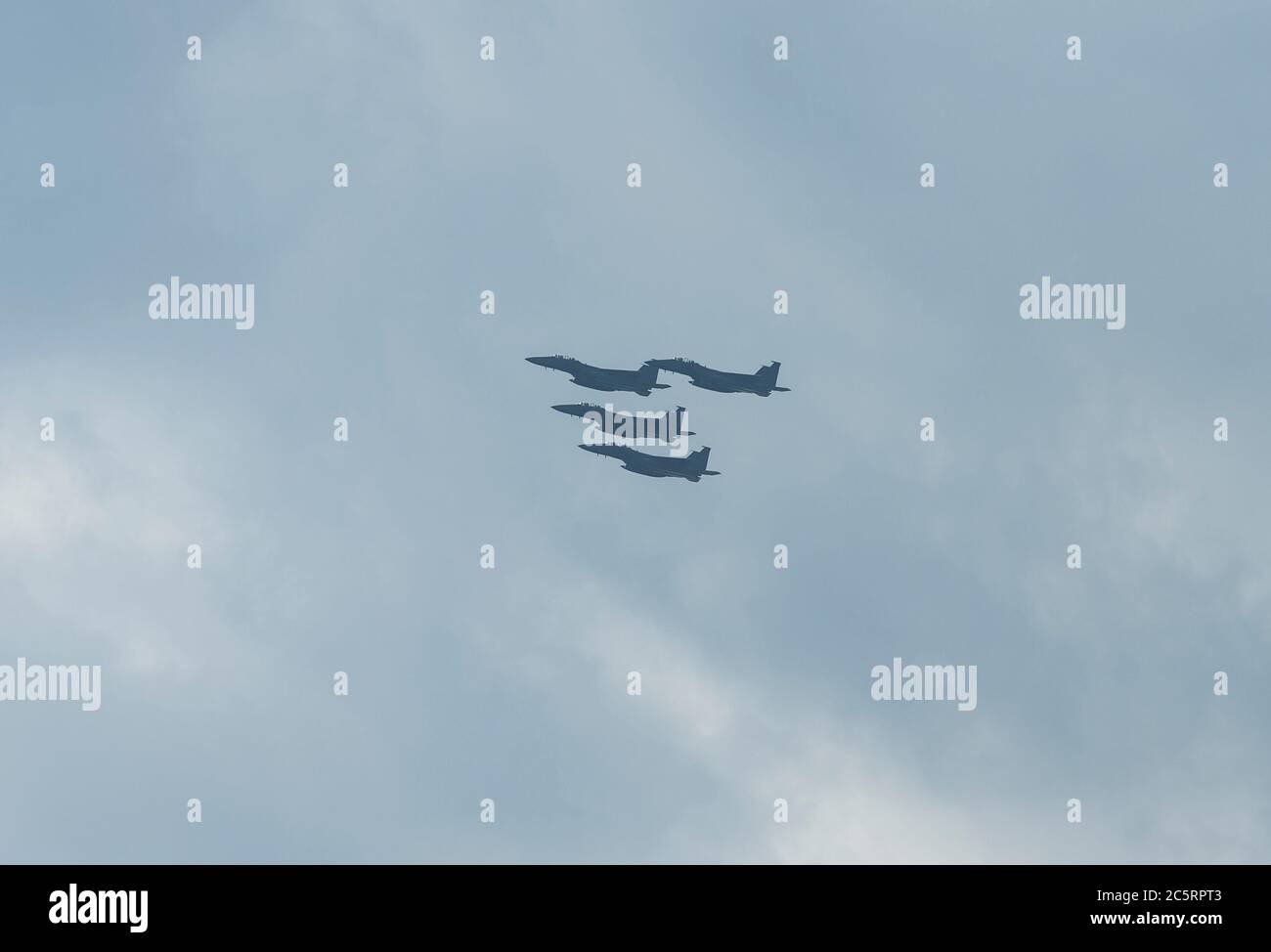 New York, NY - July 4, 2020: F-15 fighter jets fly over the Hudson ...