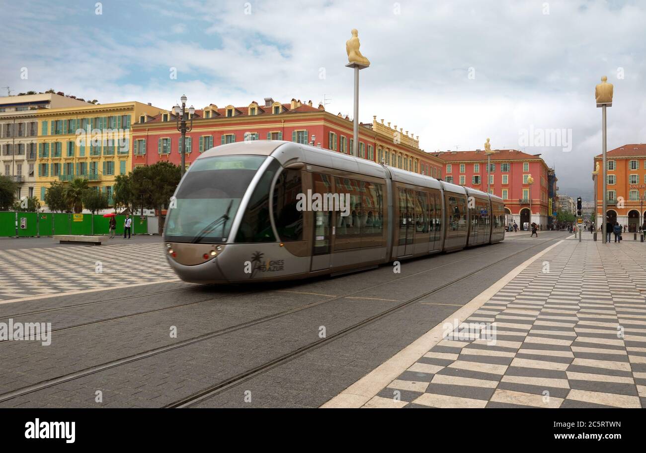 NICE, FRANCE - APRIL 27: Modern tram in the center of Nice, France on ...
