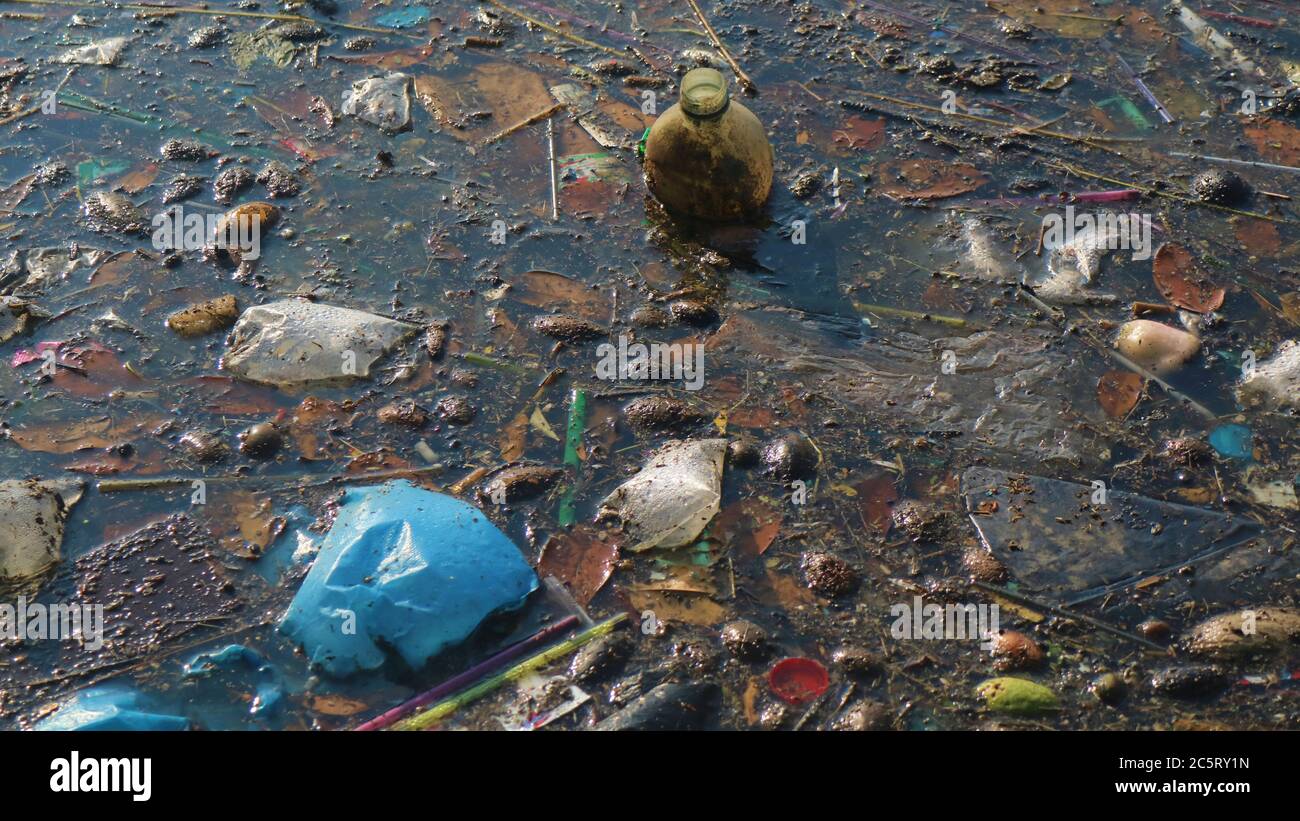 River that is polluted with various garbage and trash, Polluted rivers ...