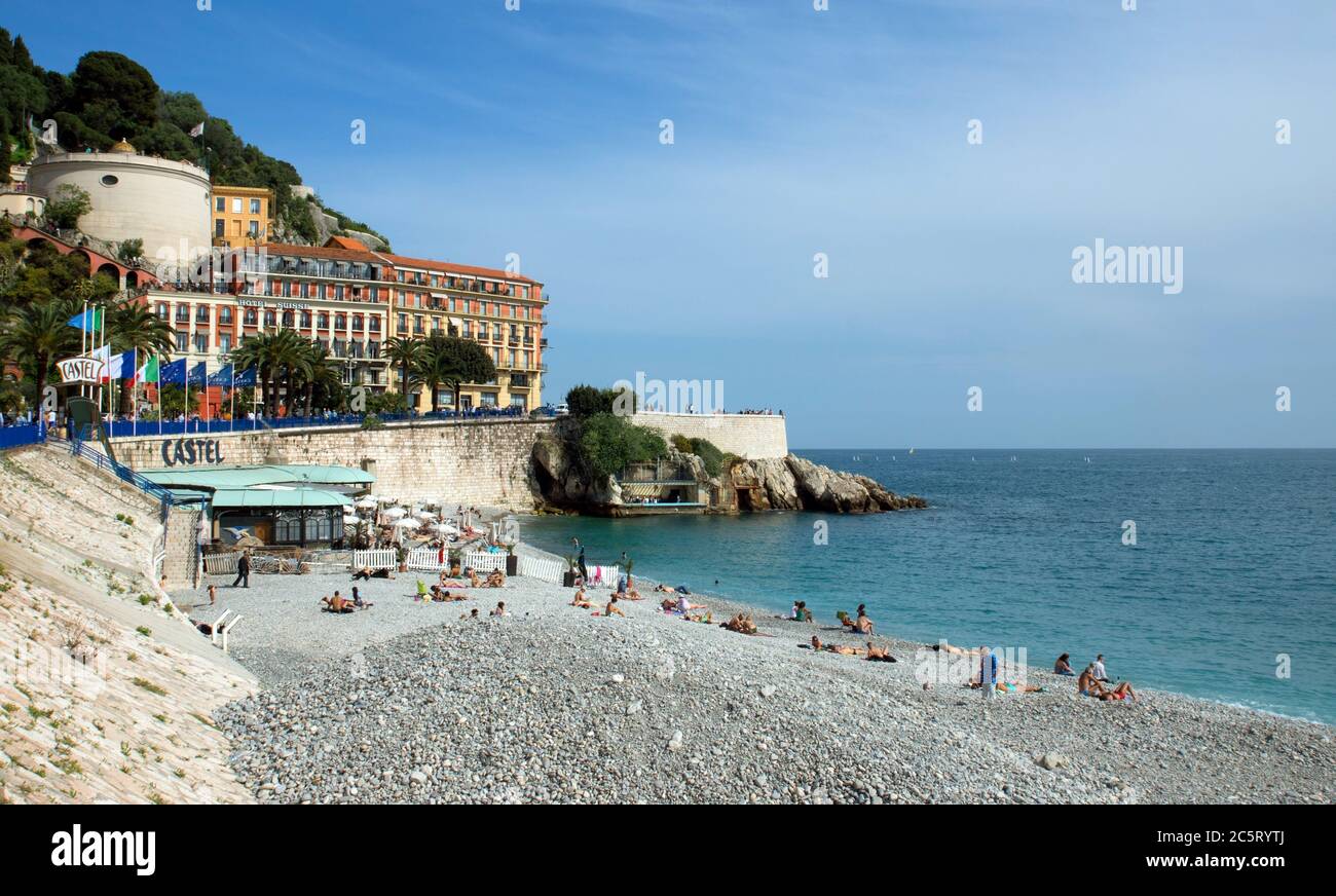 NICE, FRANCE - MAY 4: Beach Angel bay on May 4, 2013 in Nice, France ...