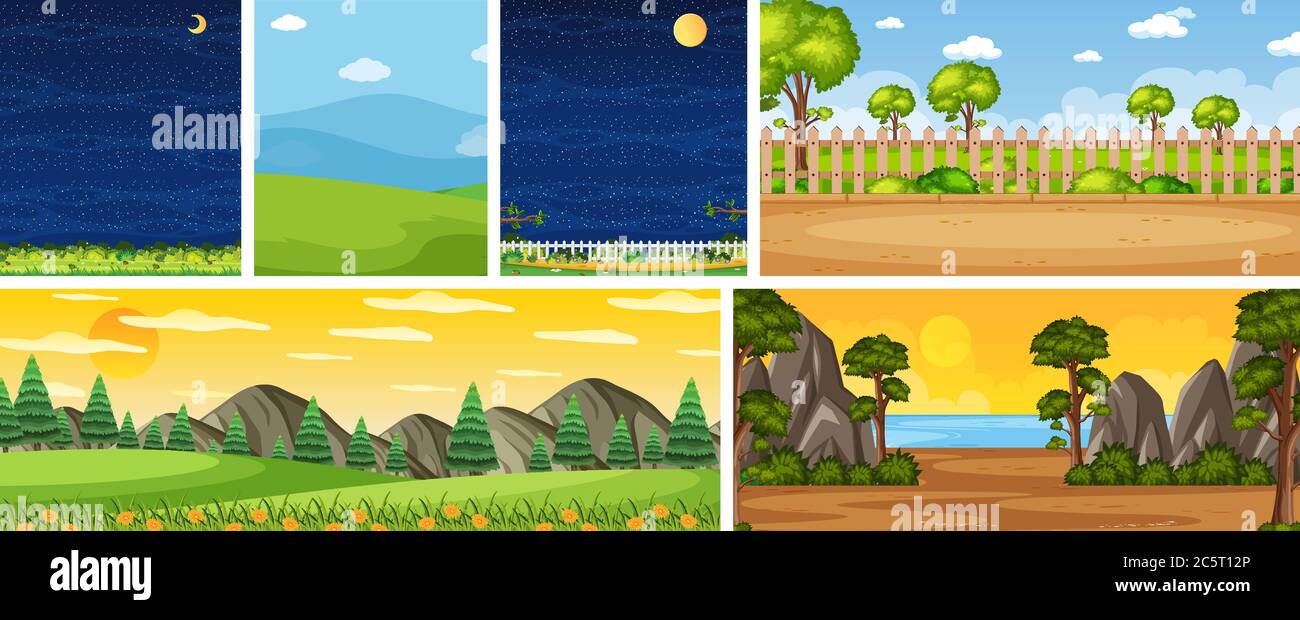 Set of different nature place scene in vertical and horizon scenes at ...