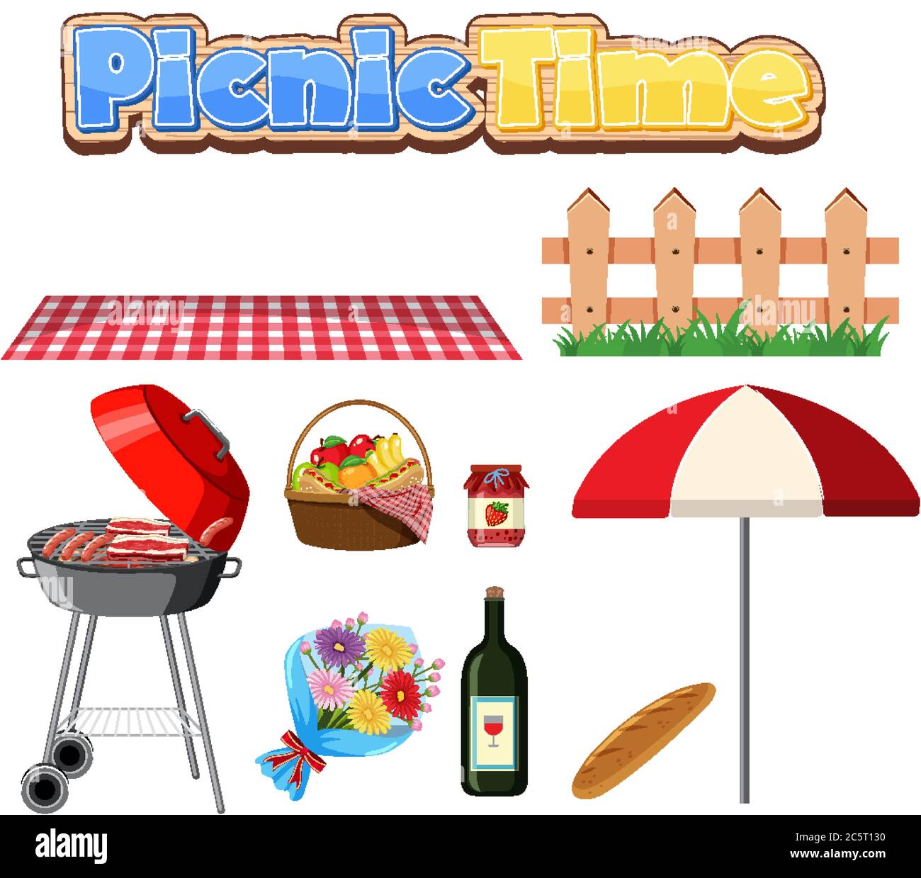 Set of picnic with BBQ grill and food on white background illustration ...