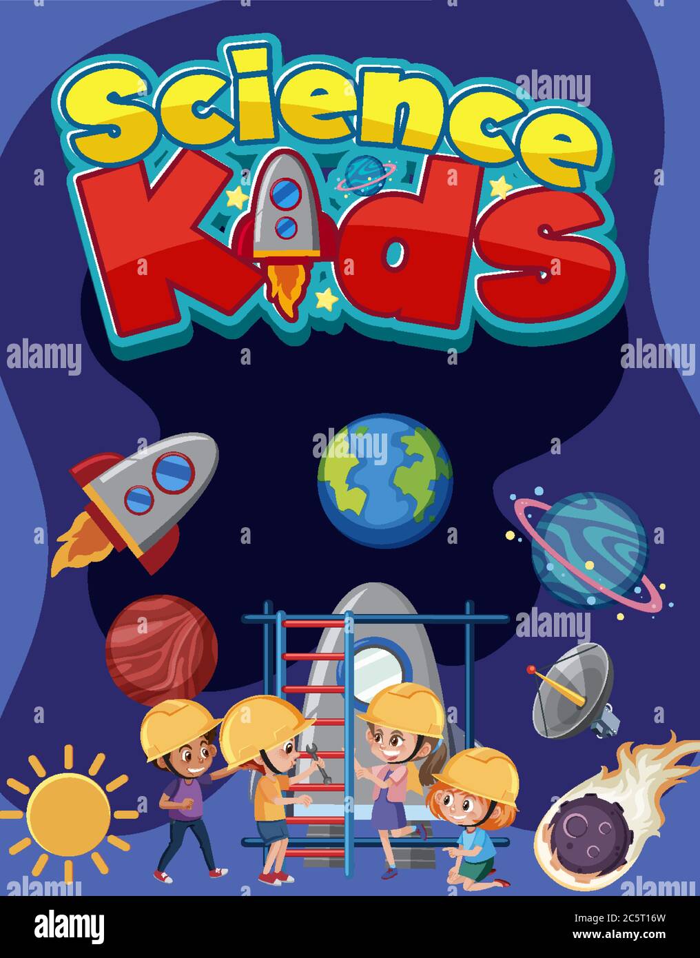Science kids logo with kids wearing engineer costume with space objects ...