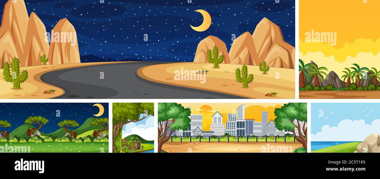 Set of different nature place scene in vertical and horizon scenes at ...