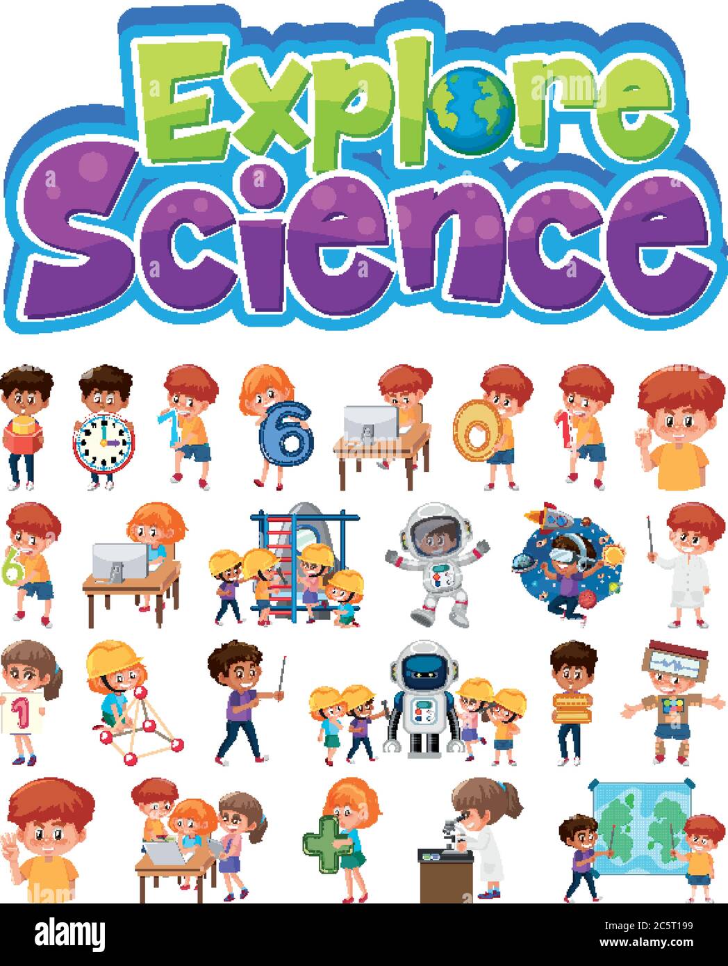 Explore science logo and set of children with education objects ...