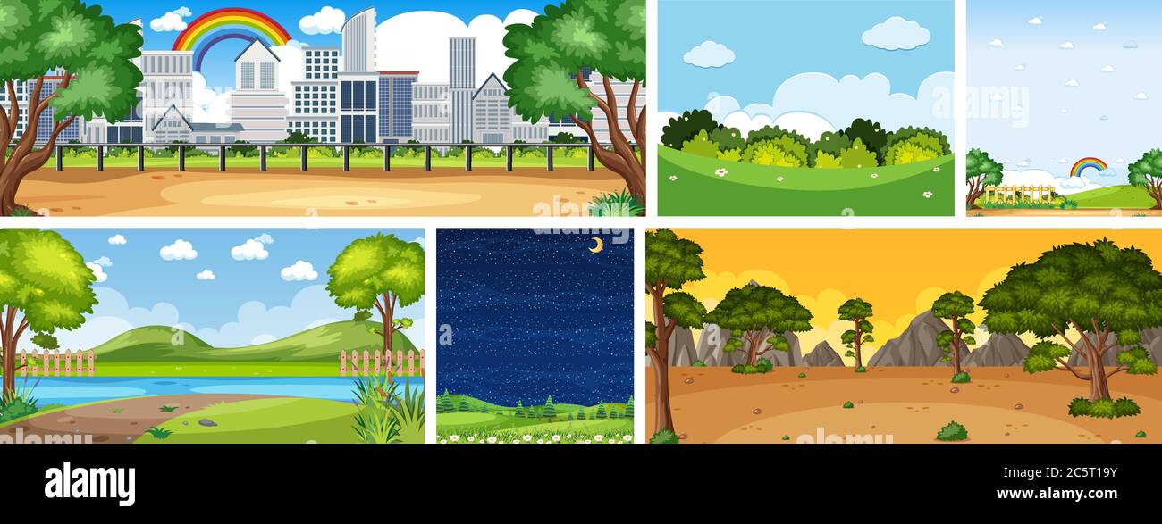 Set of different nature place scene in vertical and horizon scenes at ...