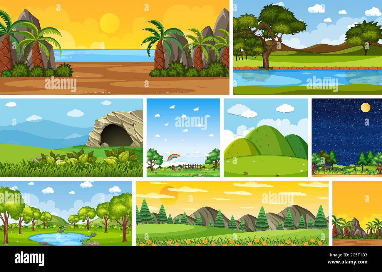 Set of different nature place scene in vertical and horizon scenes at ...