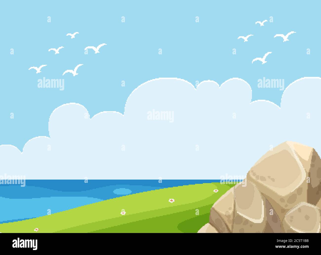 Empty nature scenes with green meadow and blank blue sky illustration ...