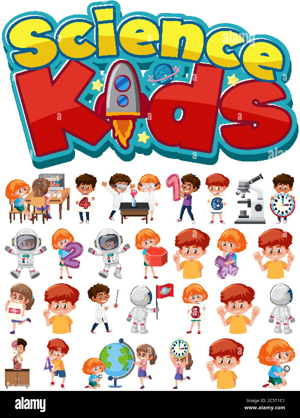 Science kids logo and set of children with education objects isolated ...
