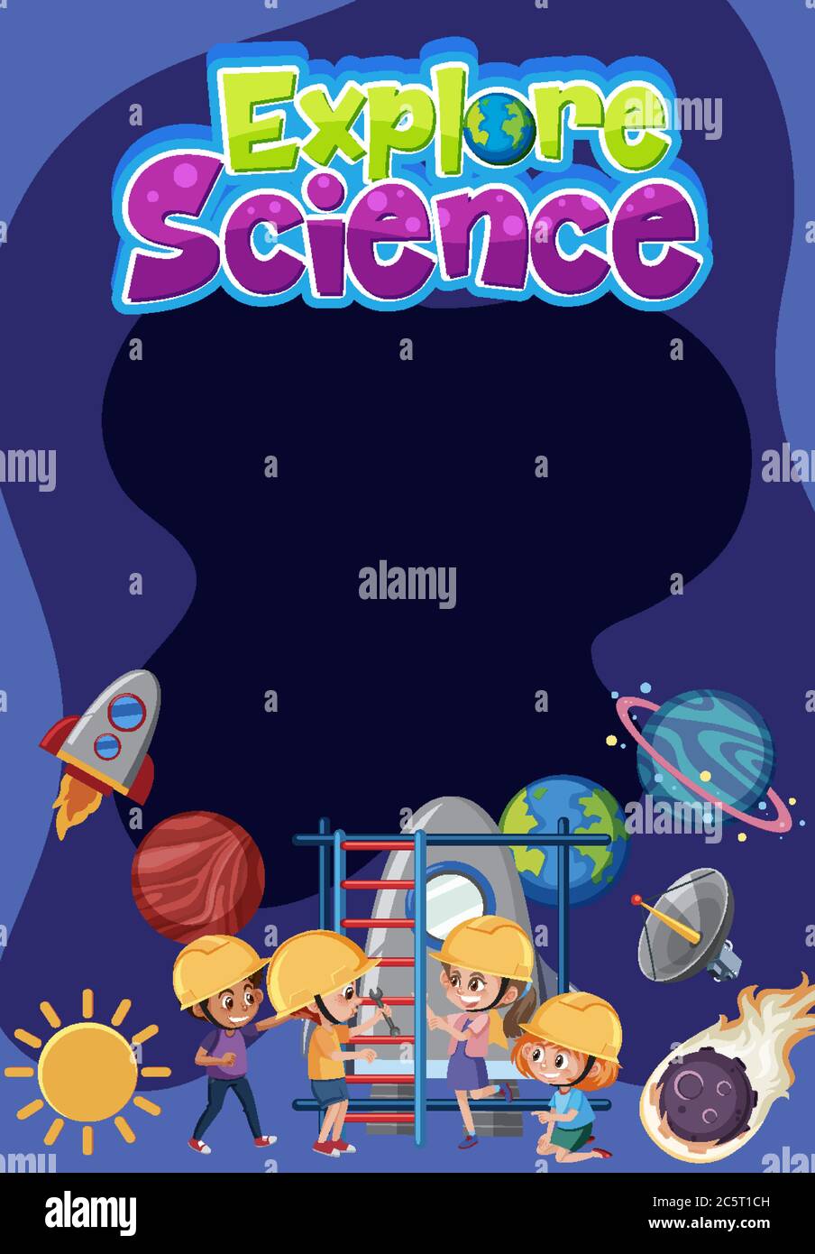 Explore science logo with blank banner and kids wearing engineer ...