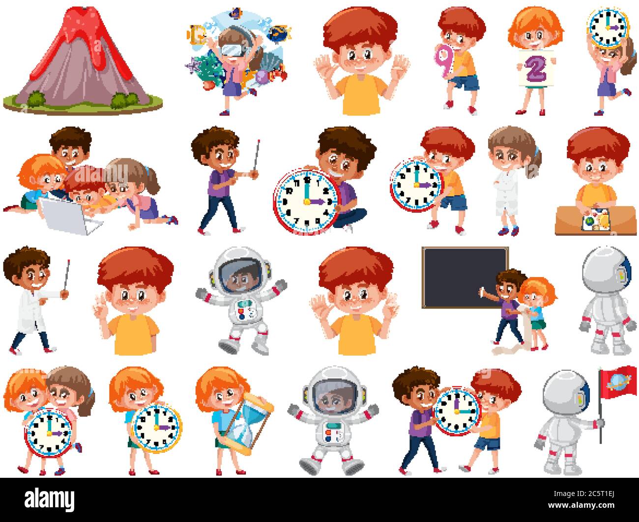 Set of children with education objects isolated illustration Stock ...