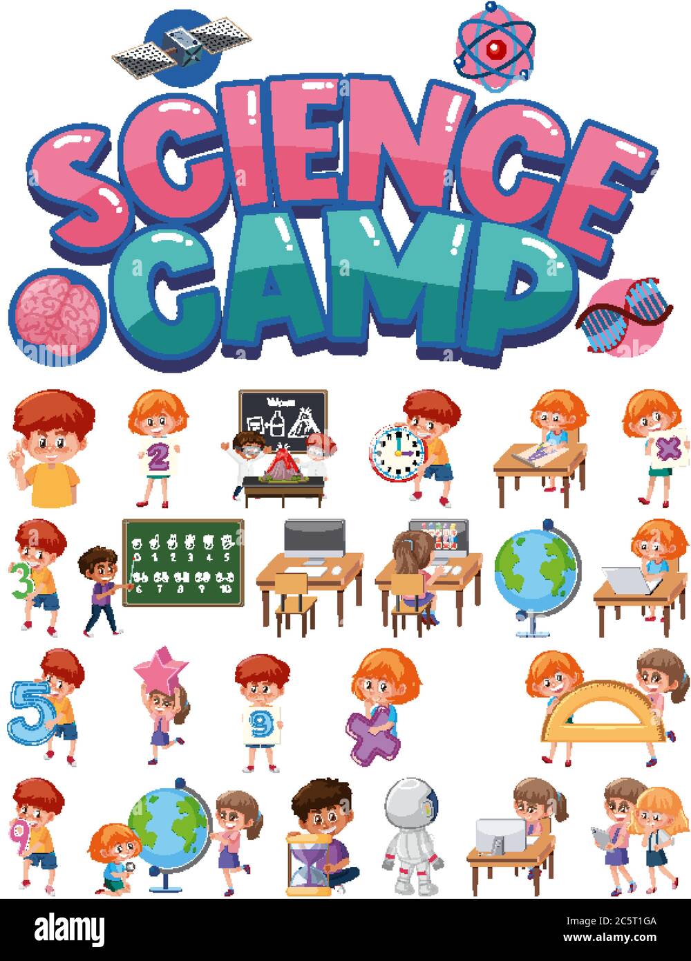 Science camp logo and set of children with education objects isolated ...