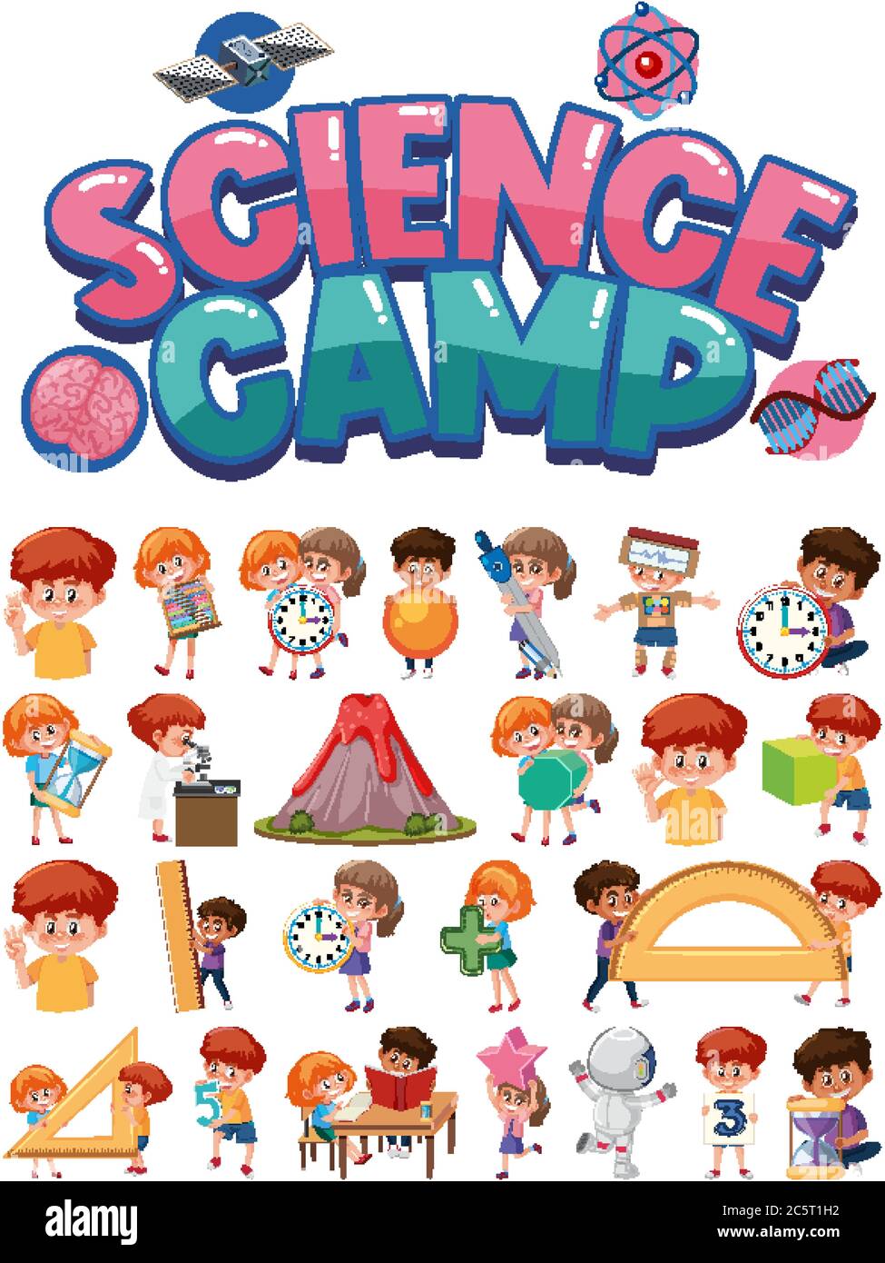 Science camp logo and set of children with education objects isolated ...