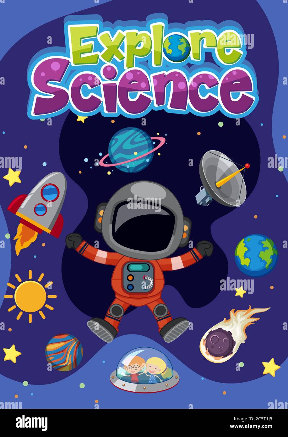 Explore science logo with astronaut and space objects illustration ...