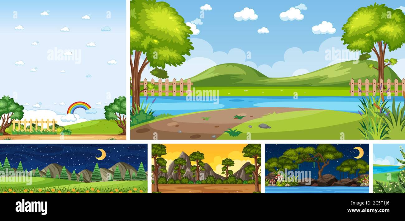 Set of different nature place scene in vertical and horizon scenes at ...