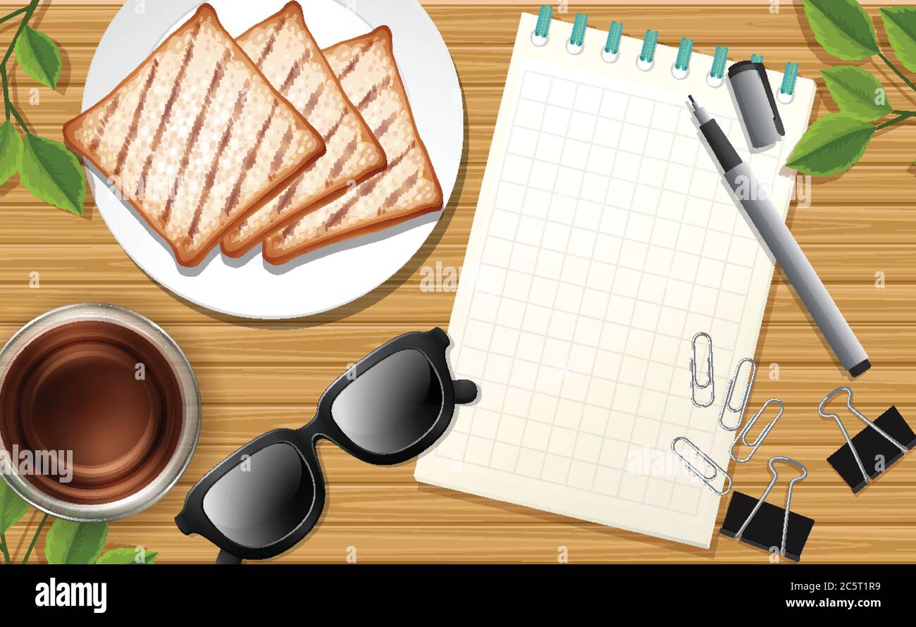 Office desk close up with note paper and coffee break cartoon style ...