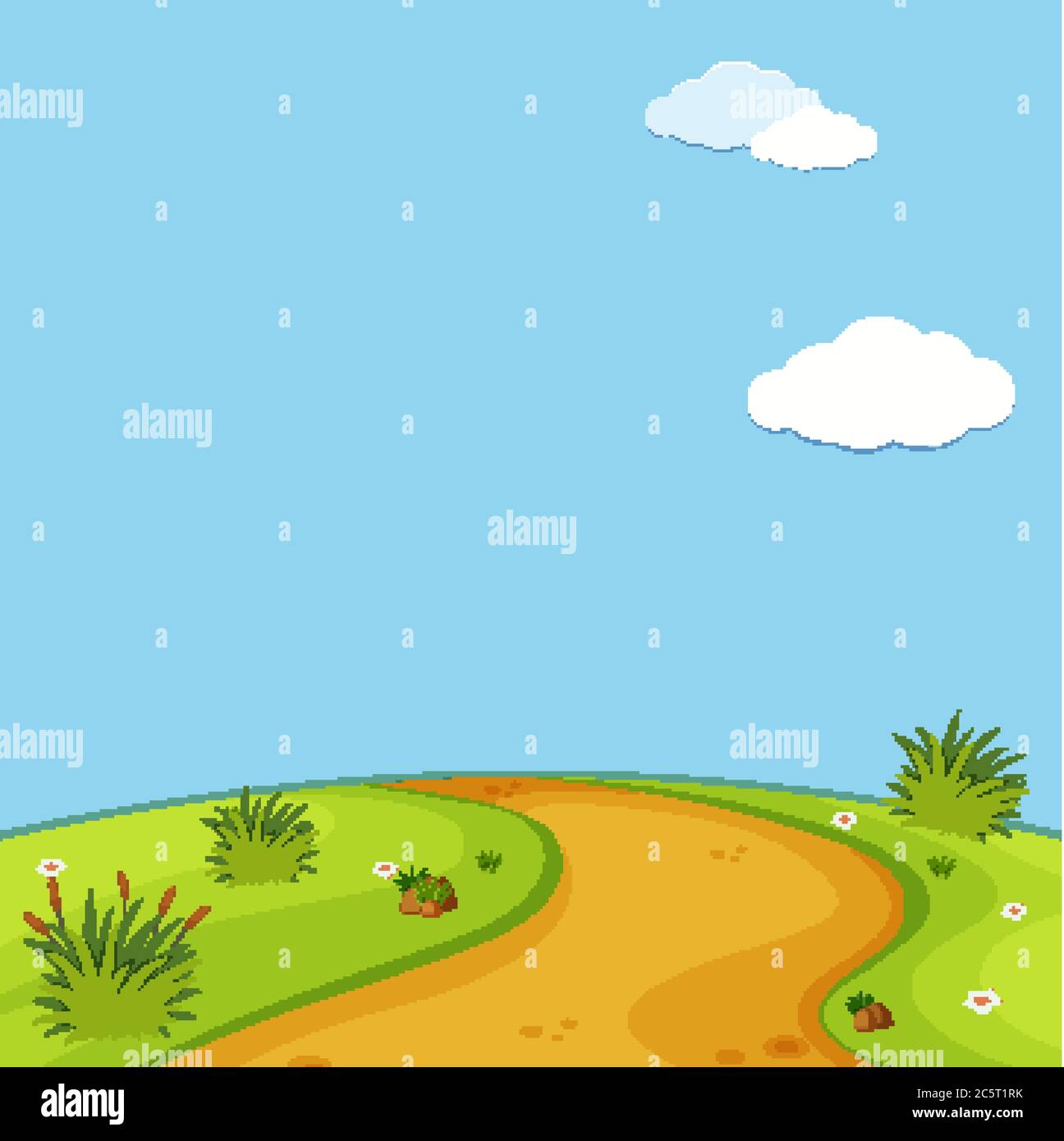 Empty nature scenes with green meadow and blank blue sky illustration ...