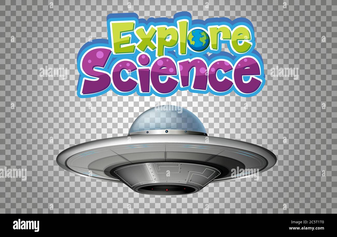 Explore science logo with ufo on gray chess background illustration ...