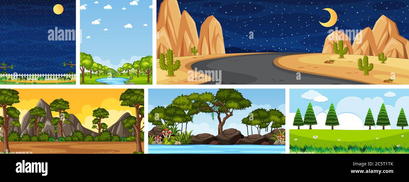 Set of different nature place scene in vertical and horizon scenes at ...