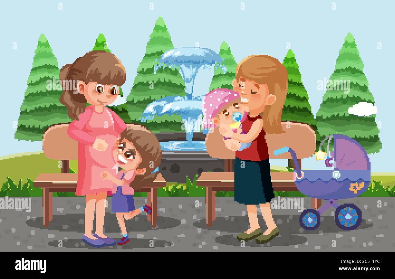 Parents take their children and baby stroller to the park cartoon style ...