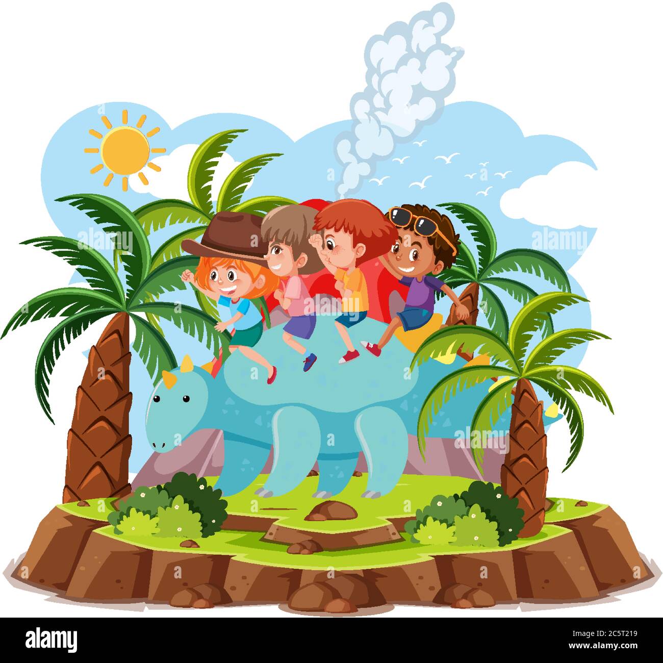 Kids ride cute dinosaur with volcano eruption isolated on white ...