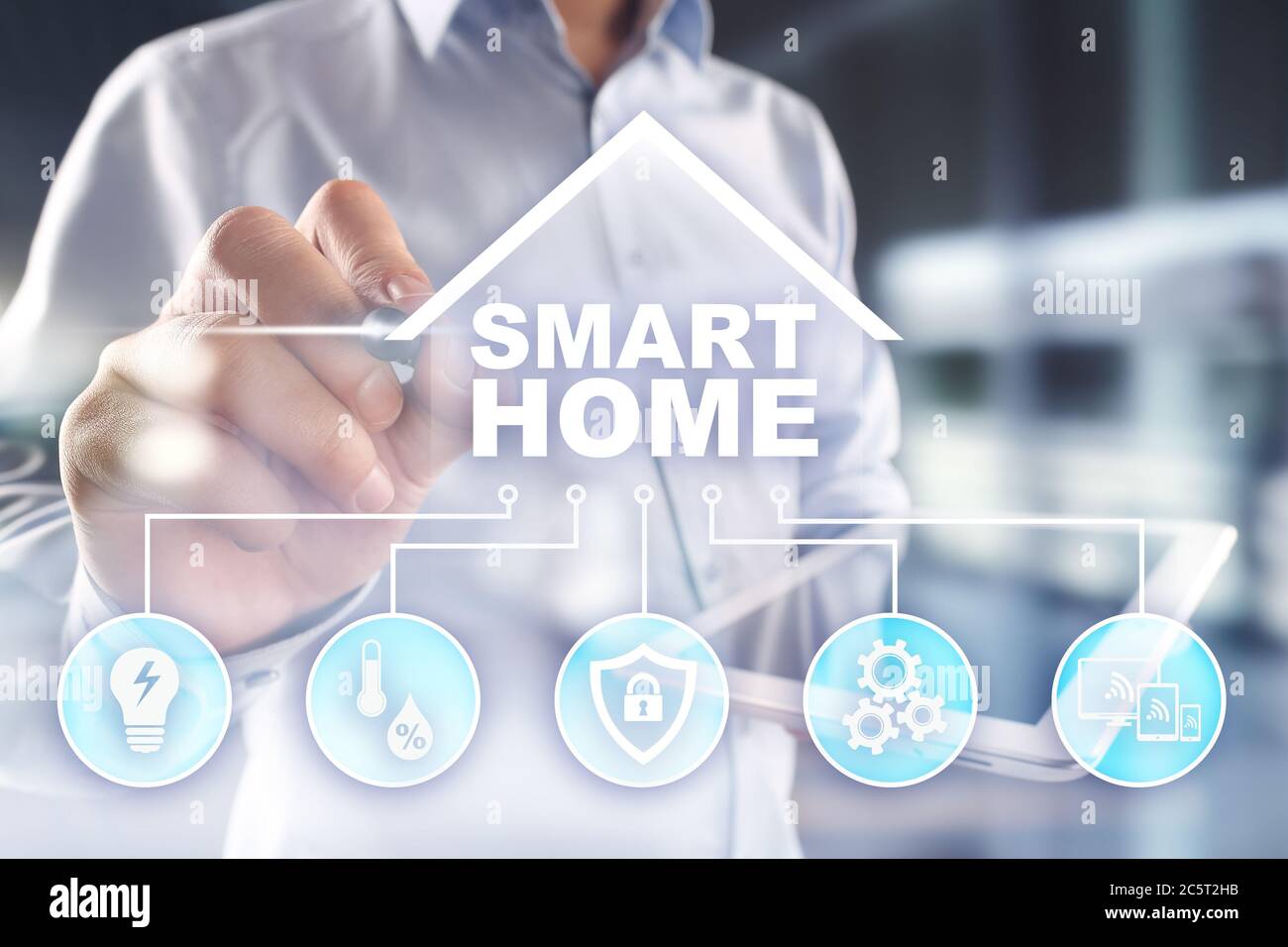 Smart home digital interface on virtual screen. Internet and automation ...
