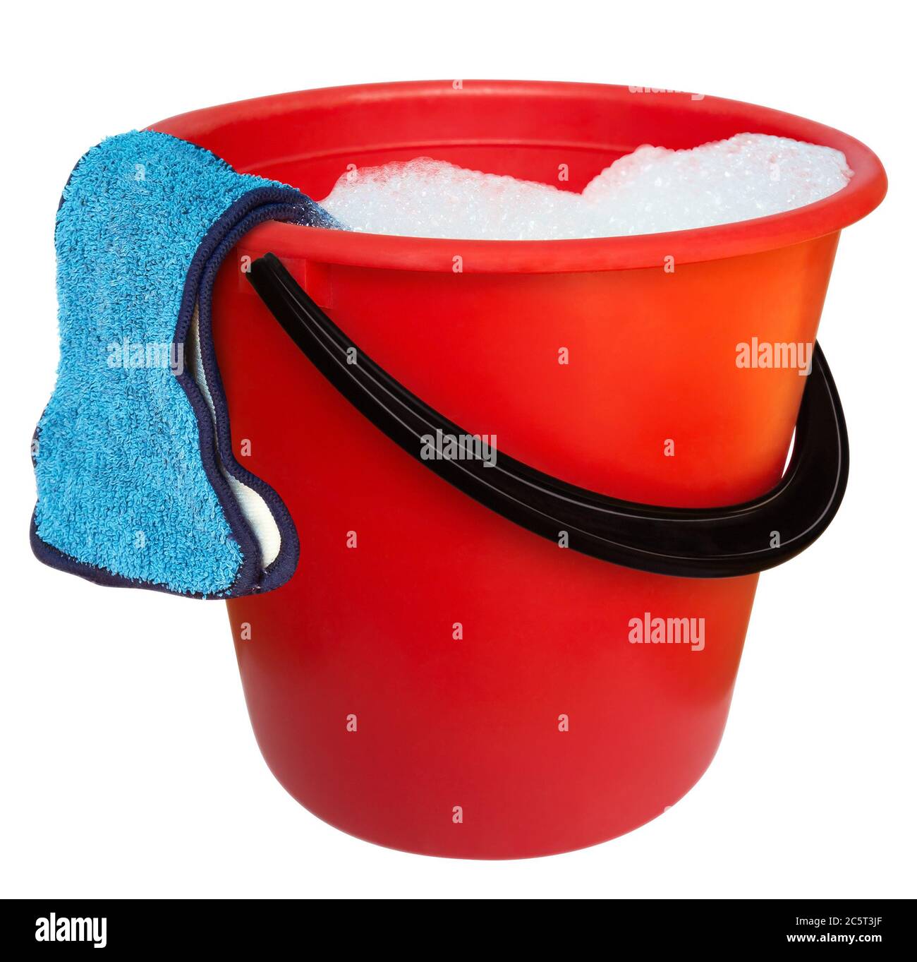 Red plastic bucket and floor cloth isolated on white background ...
