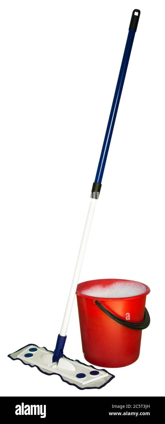 Red plastic bucket with suds and mop isolated on white background ...