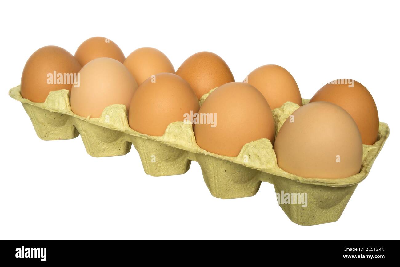 A carton of ten eggs isolated on white background. Clipping path ...