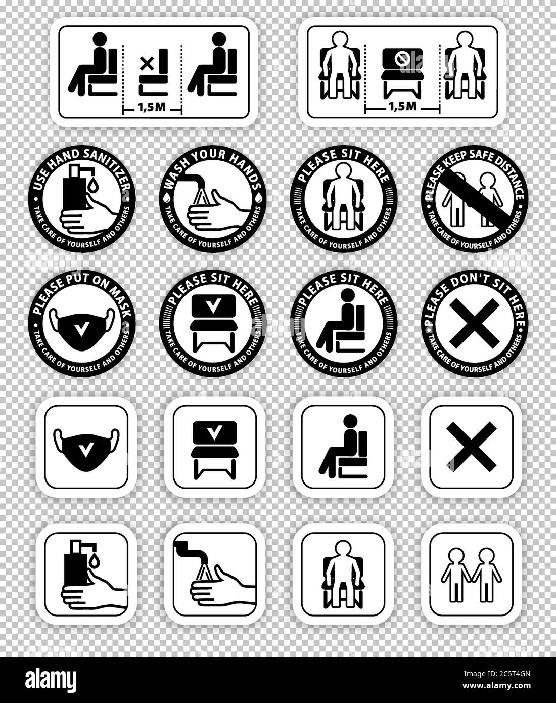 Warning signs on transparent background.. Keep distance between people ...