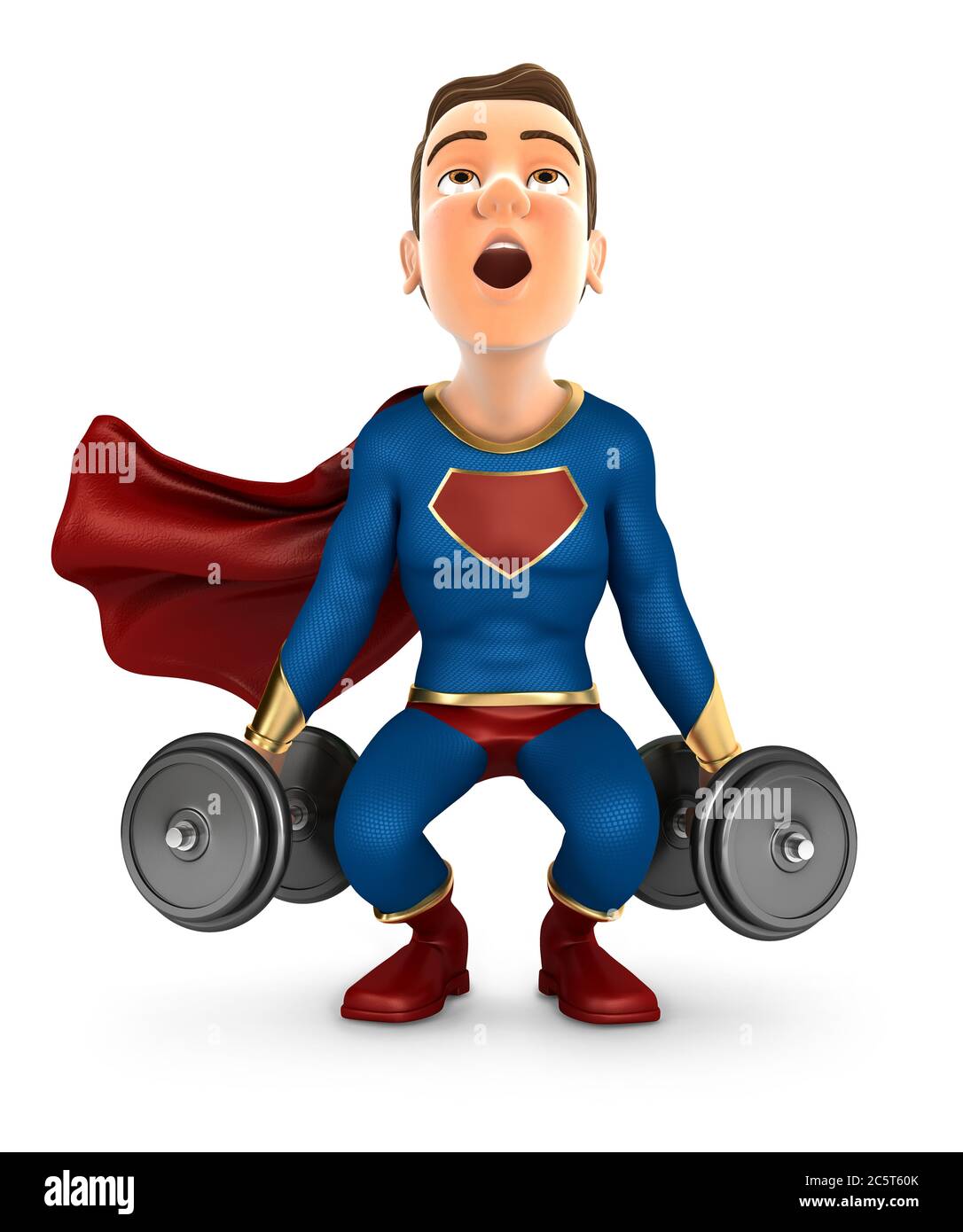 3d superhero trying to lift heavy dumbbell, illustration with isolated ...
