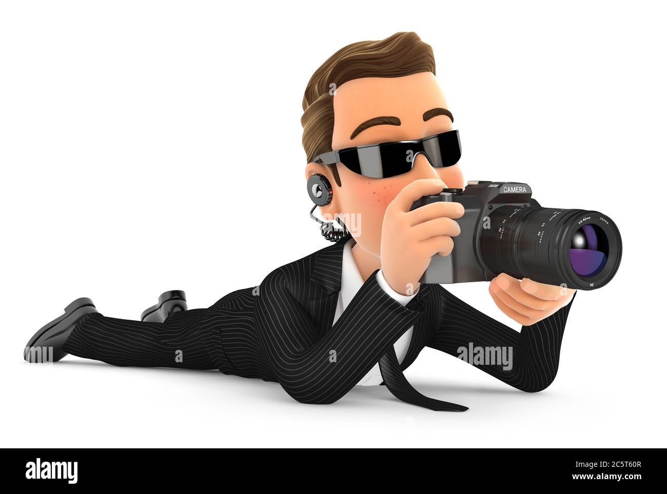 3d security agent lying down with camera, illustration with isolated ...
