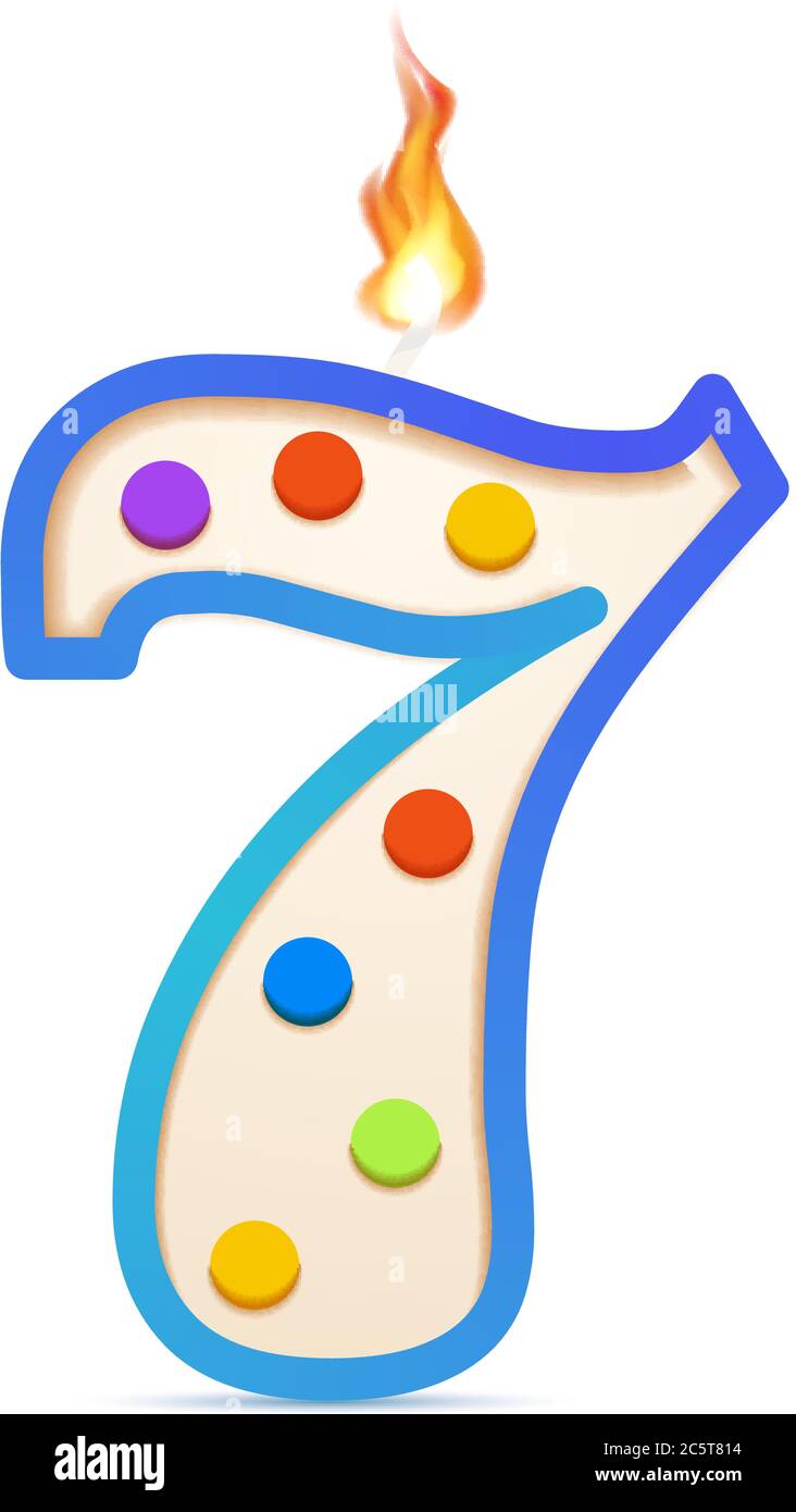 Seven years anniversary, 7 number shaped birthday candle with fire on ...