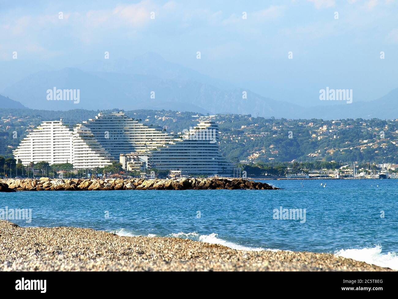 French Riviera Coast. Beach of Antibes. View to front luxury hotel ...