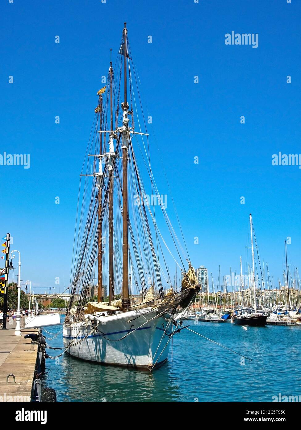 Sailboat anchored at Barcelona Harbor, Spain Stock Photo - Alamy