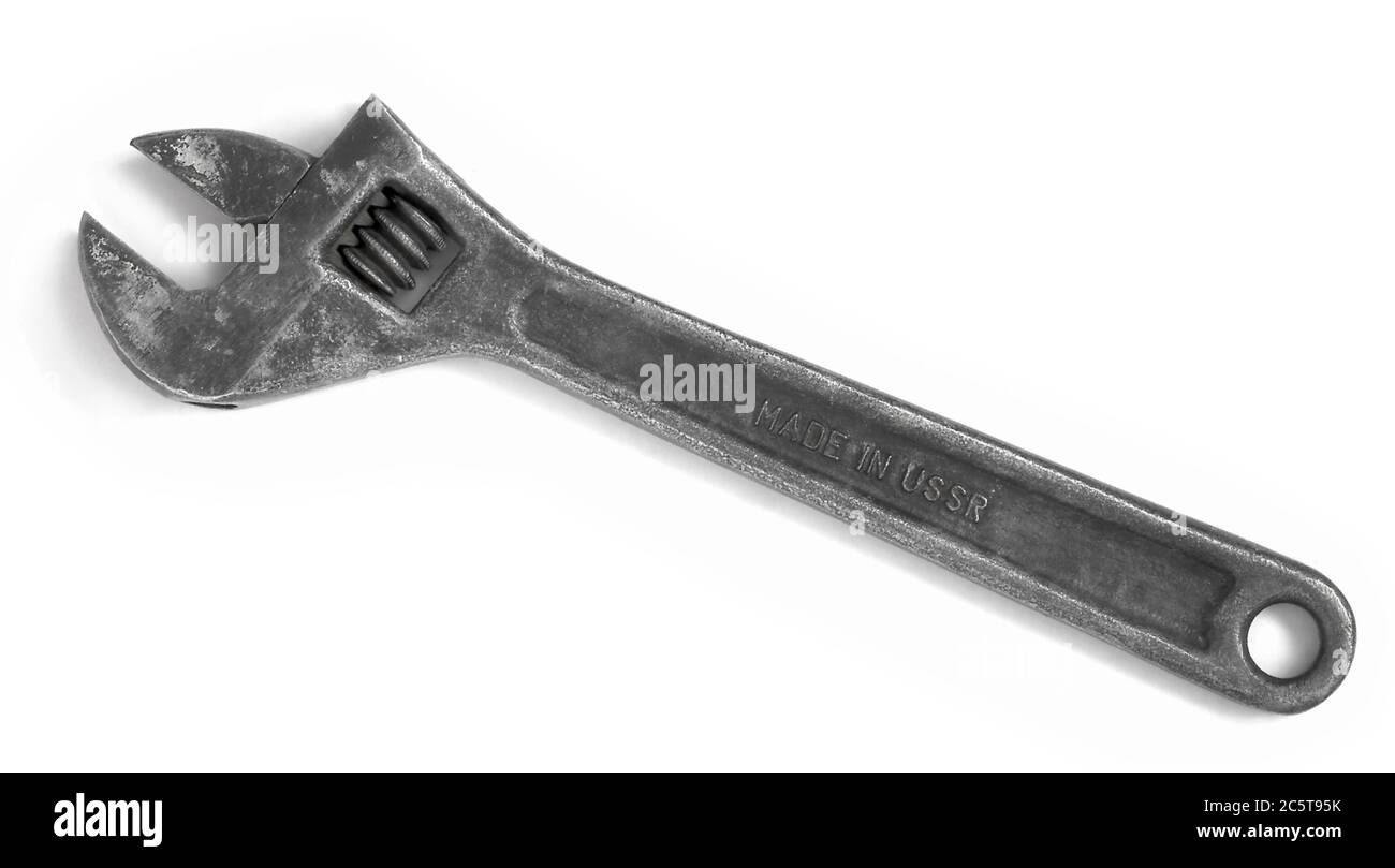 Old adjustable spanner isolated over white. Made in USSR Stock Photo ...