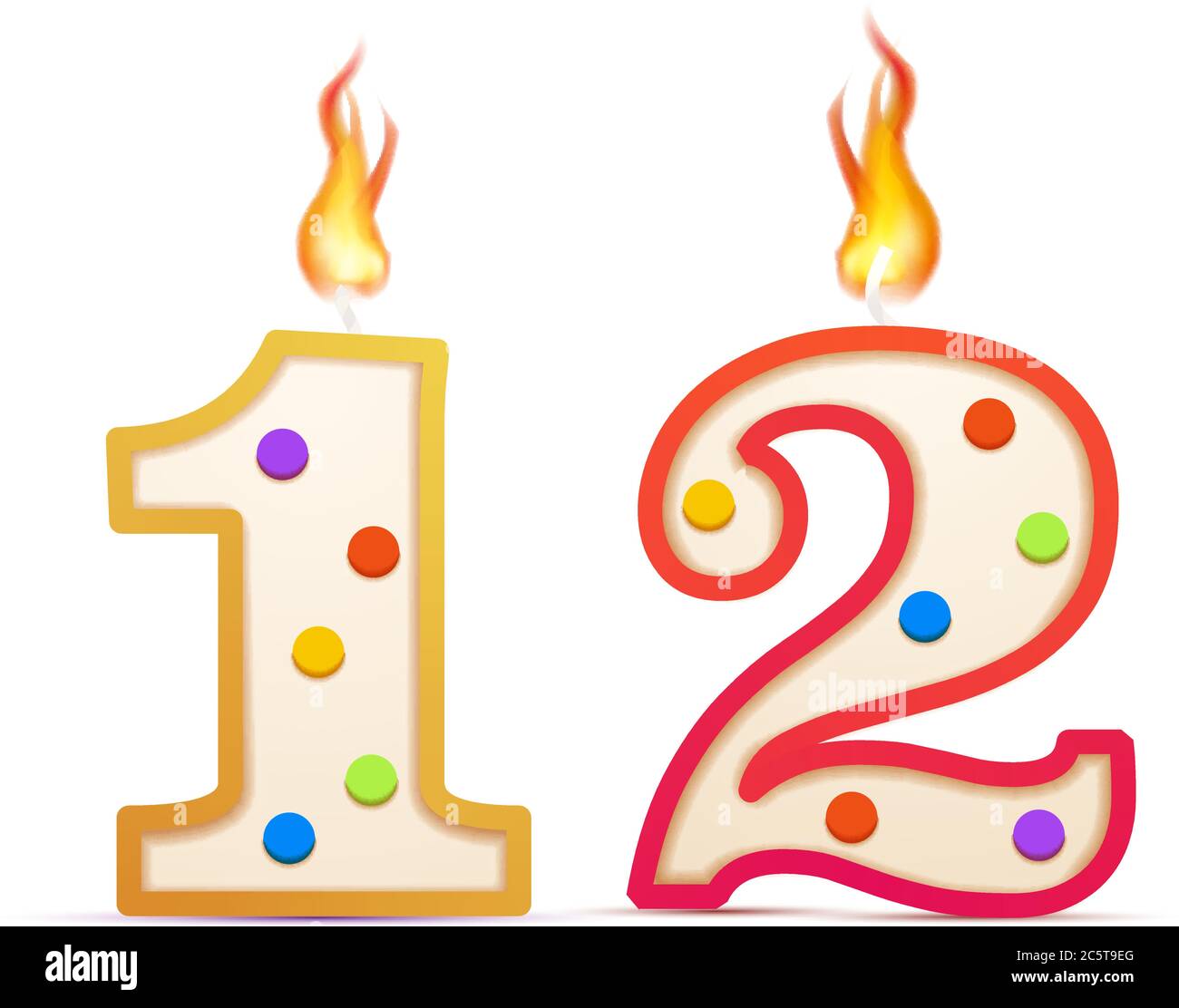 Twelve years anniversary, 12 number shaped birthday candle with fire on ...