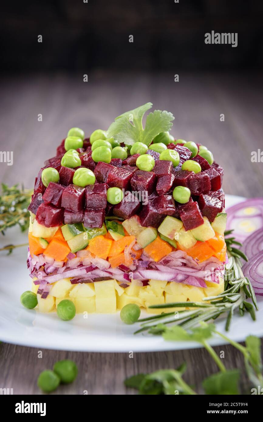 Traditional vegetarian Russian salad snack vinaigrette in a rustic ...