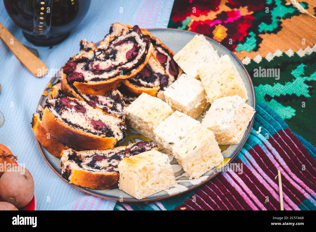 Old-fashioned homemade food served in nature in the field Stock Photo ...