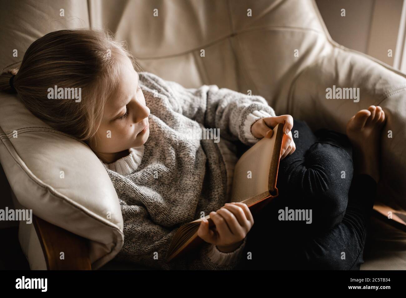 A blonde caucasian girl sitting curled up on a chair reading a book ...