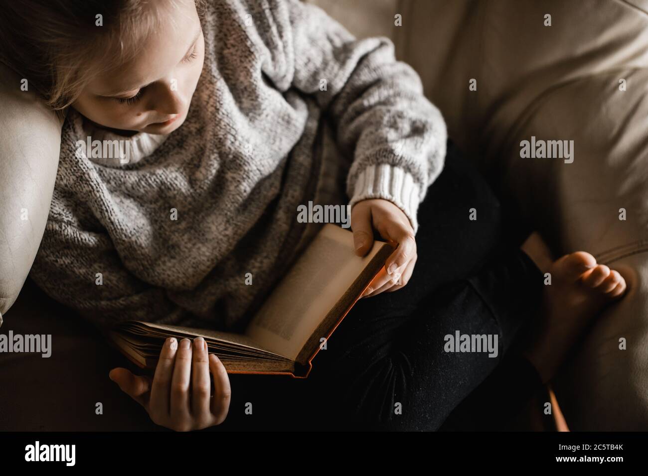 A blonde caucasian girl sitting curled up on a chair reading a book ...