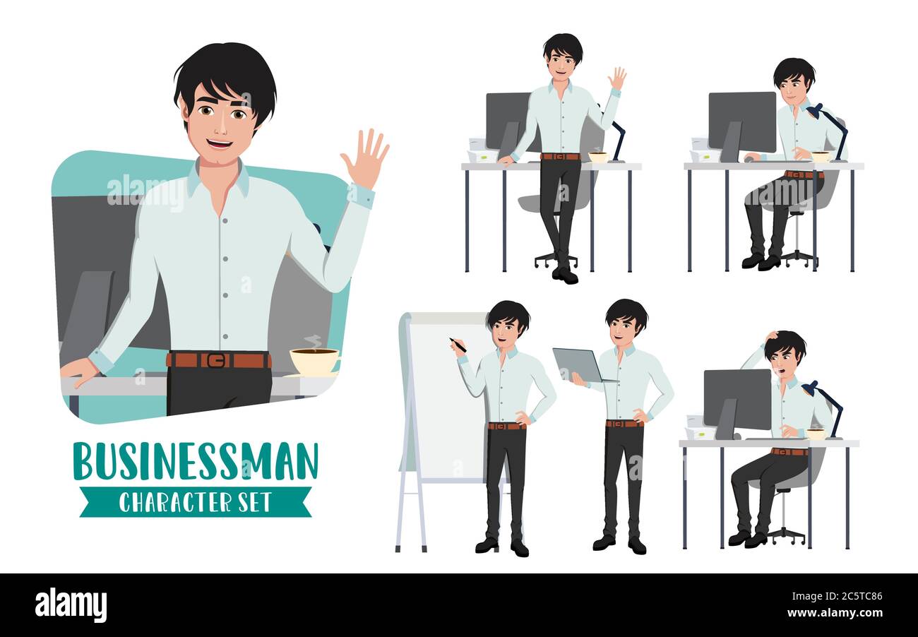 Businessman office desk character vector set. Business man office young ...