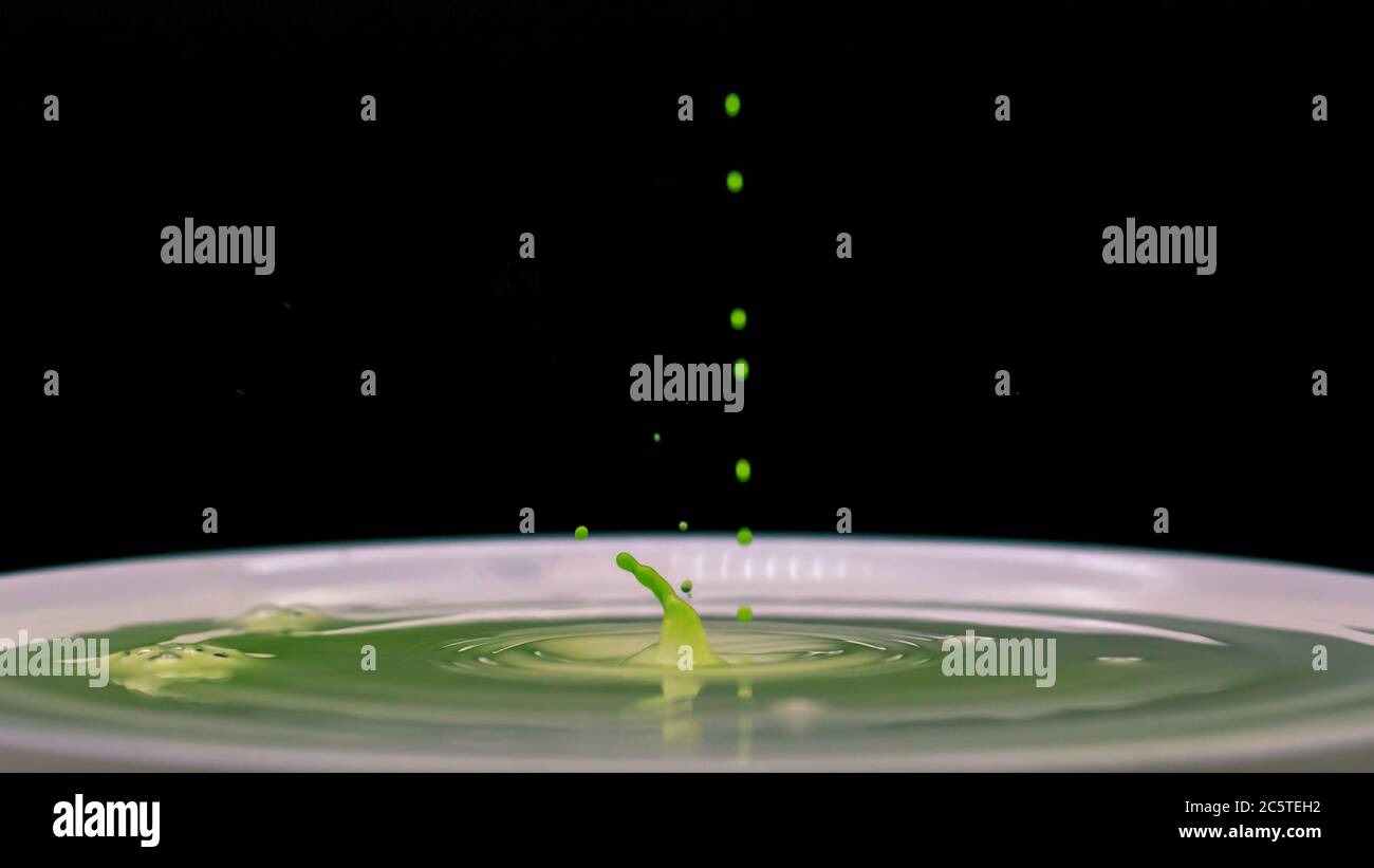 Green color drops falling in water and splashes Stock Photo - Alamy