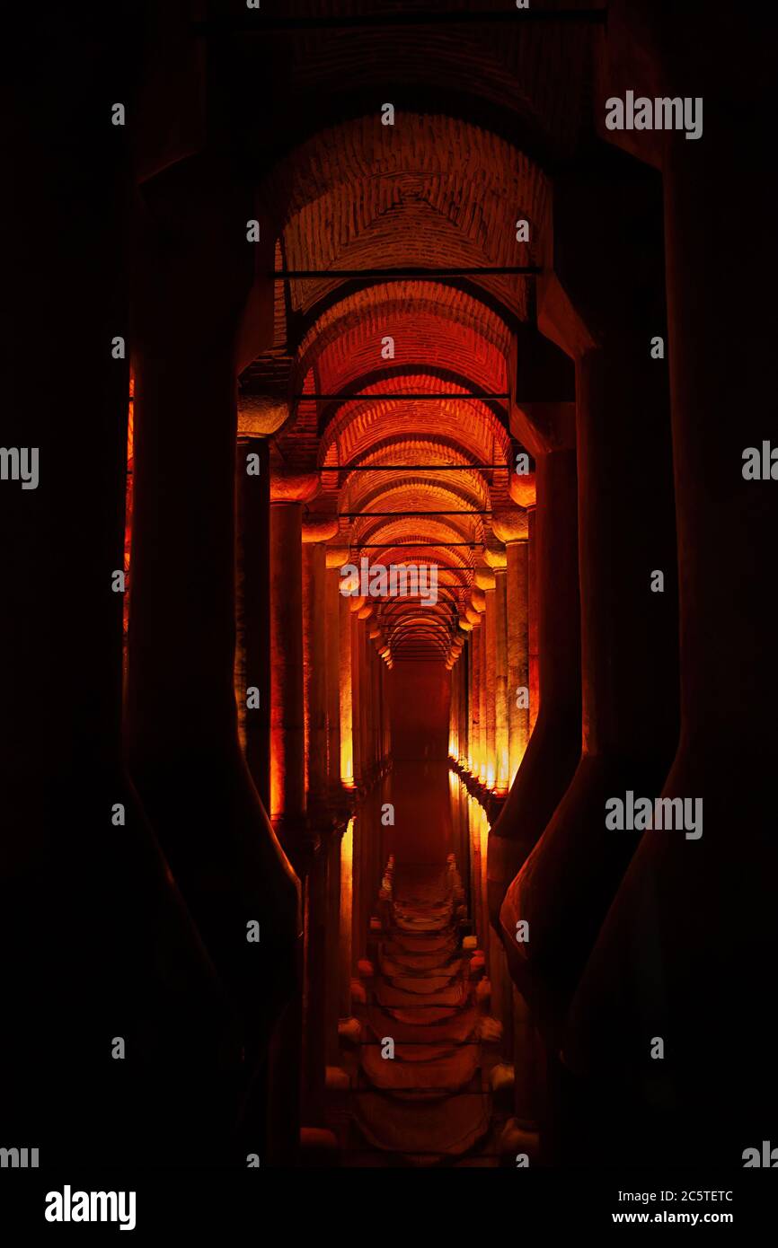 Basilica Cistern interior in city of Istanbul, Turkey. An ancient ...