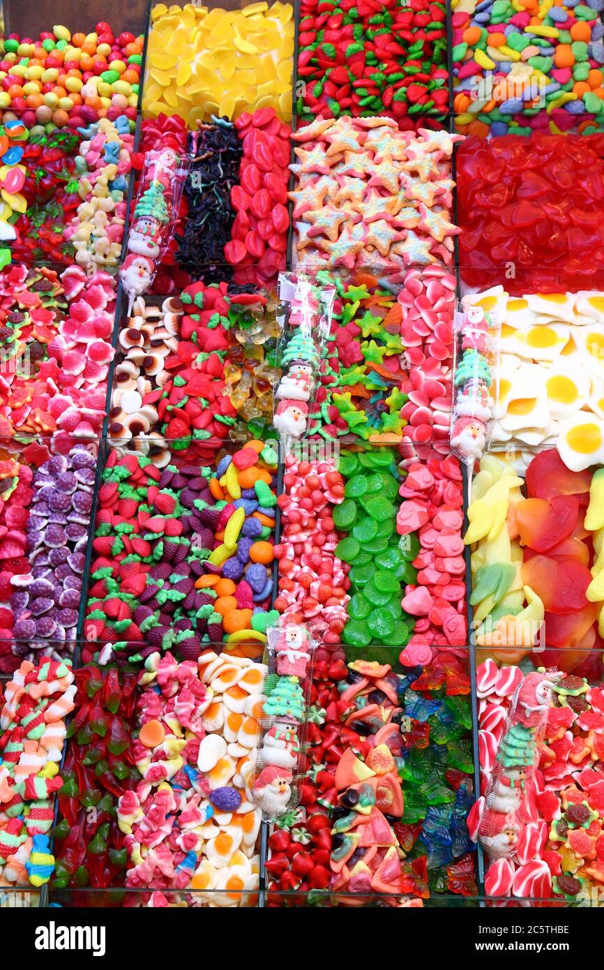 Candy assortment at Boqueria market in Barcelona, Spain. Sweets shop ...