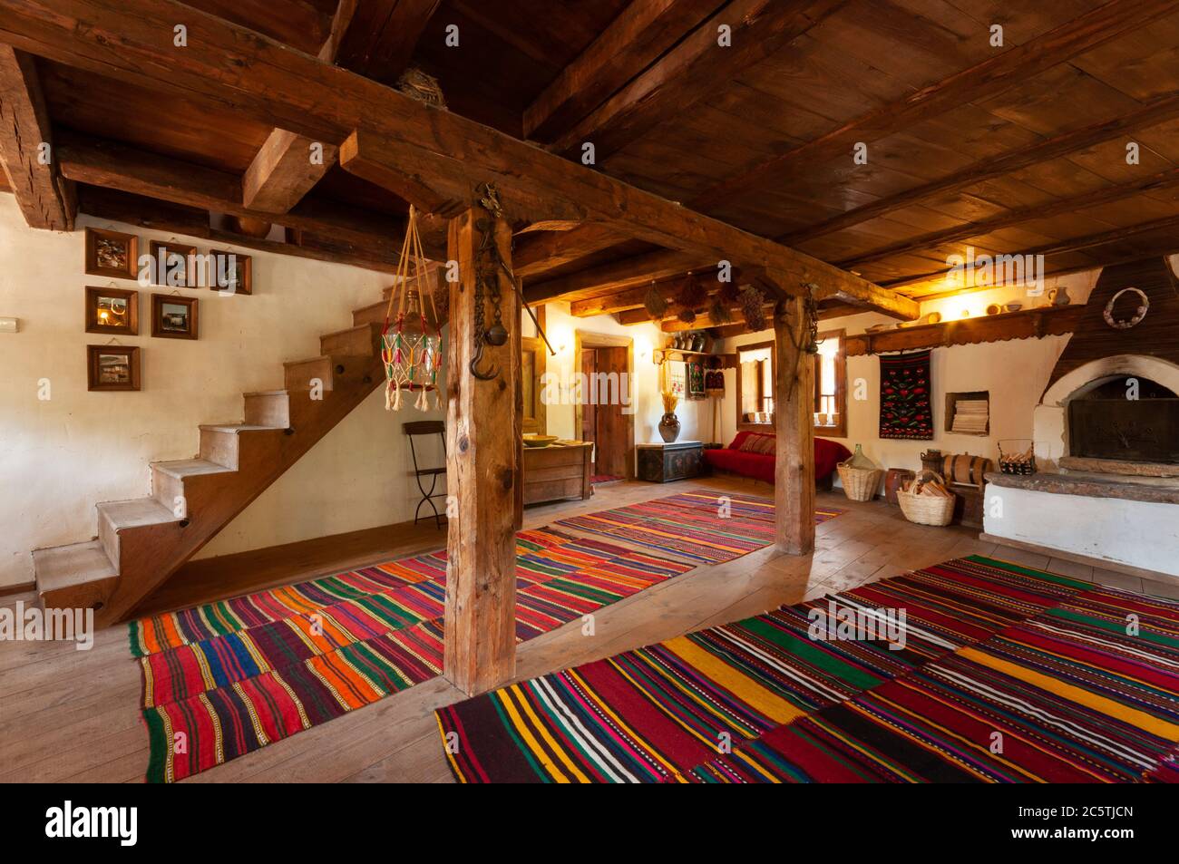 Old unique 18th century interior of traditional Bulgarian timber house ...