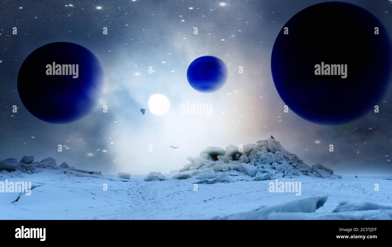 North fantasy, three planets sphere (orb) over polar ice, Arctic ocean ...