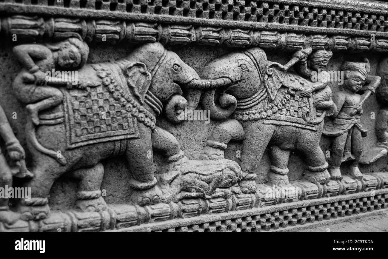 A war scene in a battle ground, Ancient Indian sculptures Stock Photo ...