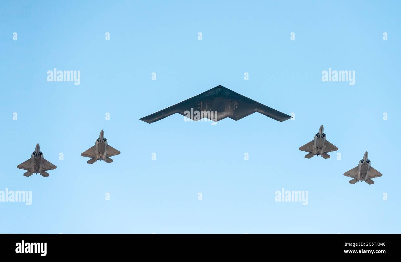Boston, Massachusetts. 4th July, 2020. Northrop Grumman B-2 Spirit flanked by F-22 Raptors at ...